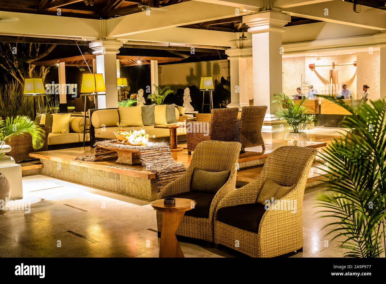 lounge bar interior with tables and chairs and couches at night Stock ...