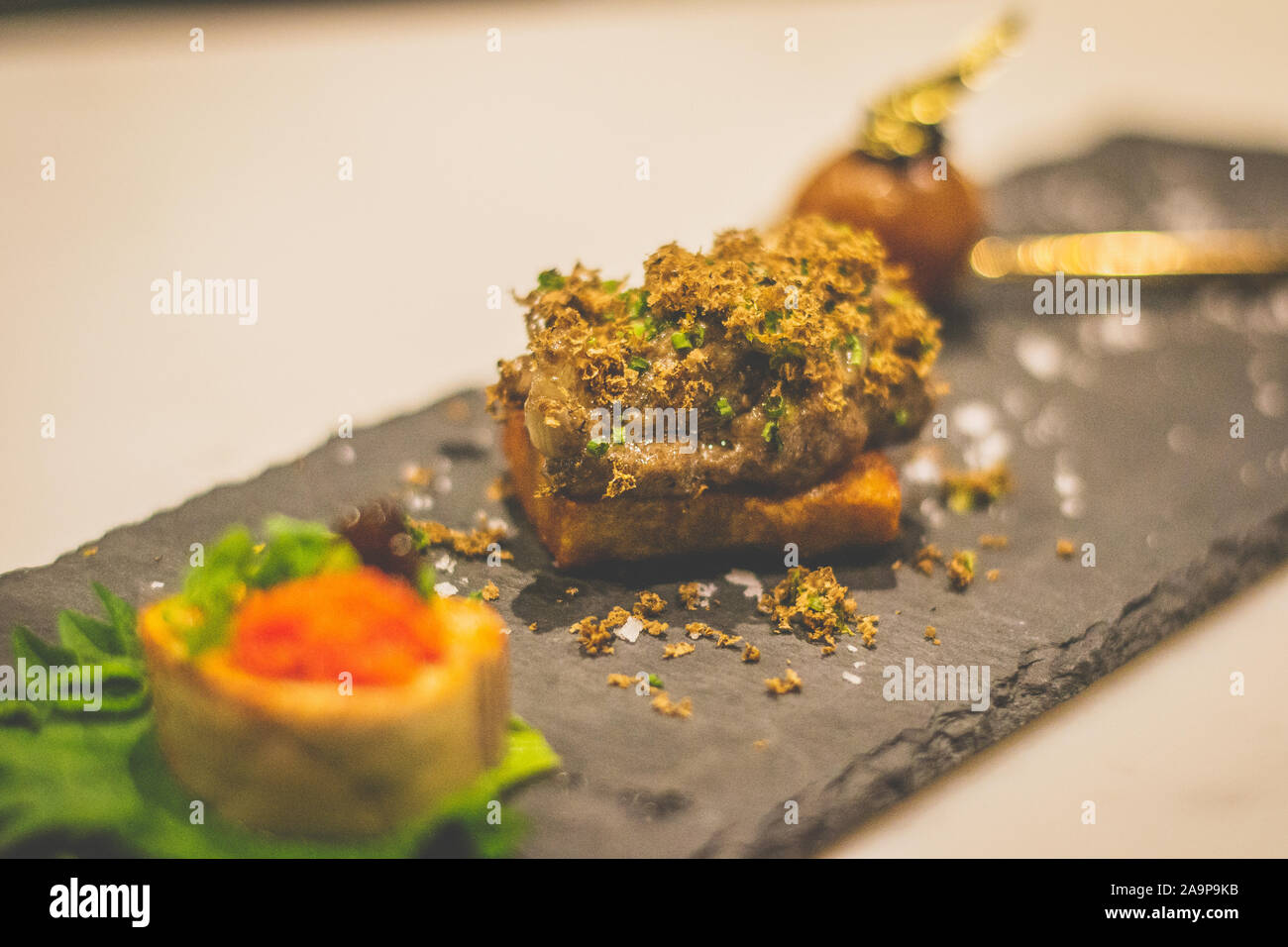 Trio Of Seasonal appetiser Smoked quail egg with Avruga caviar Mille ...