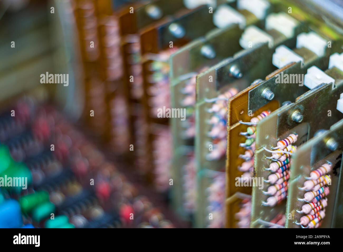 Vintage electronic circuit boards with radio parts and chips, close-up ...