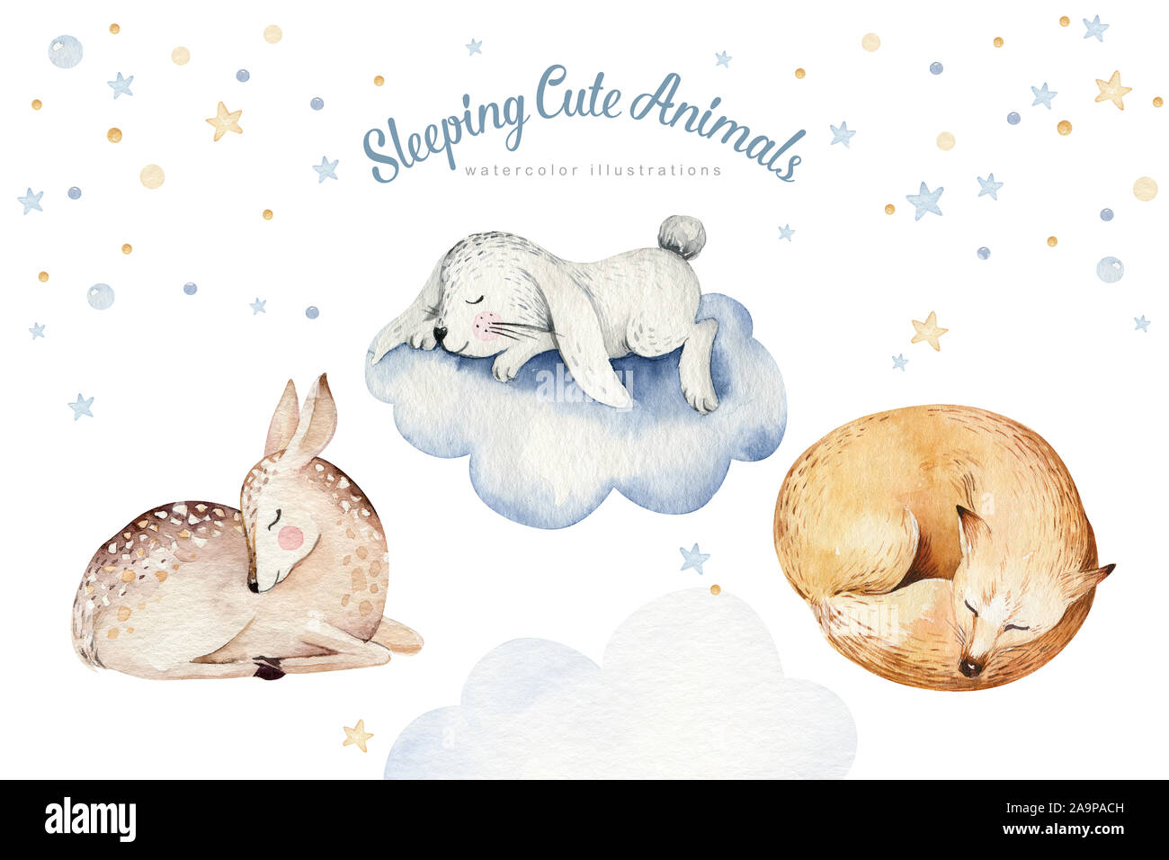 Cute dreaming cartoon animal hand drawn watercolor illustration. Can be ...