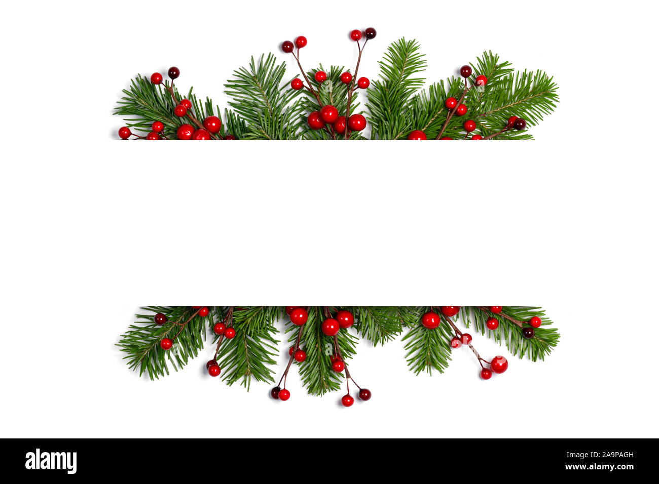 Natural fir Christmas tree border frame isolated on white , copy space ...