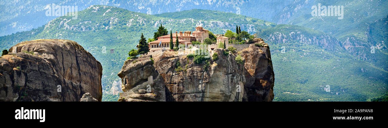 Medieval Meteora Monastery of The Holy Trinity on top of a rock pillar ...