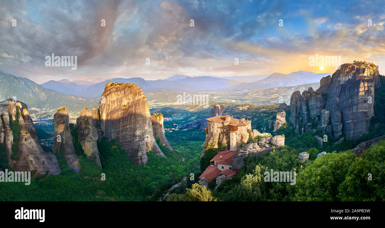 Medieval Meteora Monastery of Roussanou on top of a rock pillar in the ...