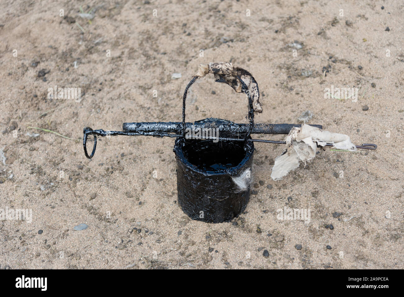 Bucket with tar to mark the sheep after shearing in the Gobi Desert in ...