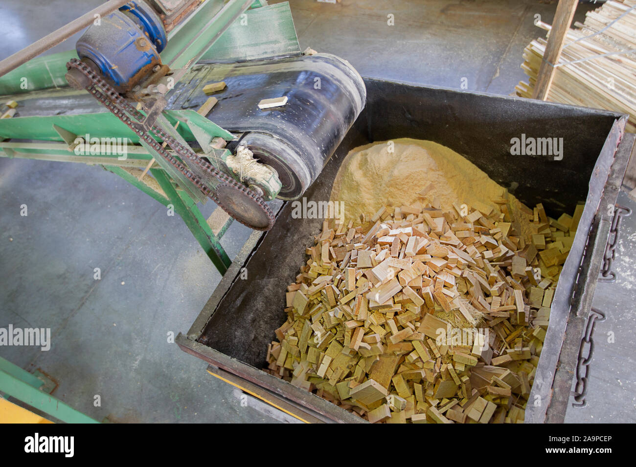 Waste wood processing industry. Wood processing Stock Photo - Alamy
