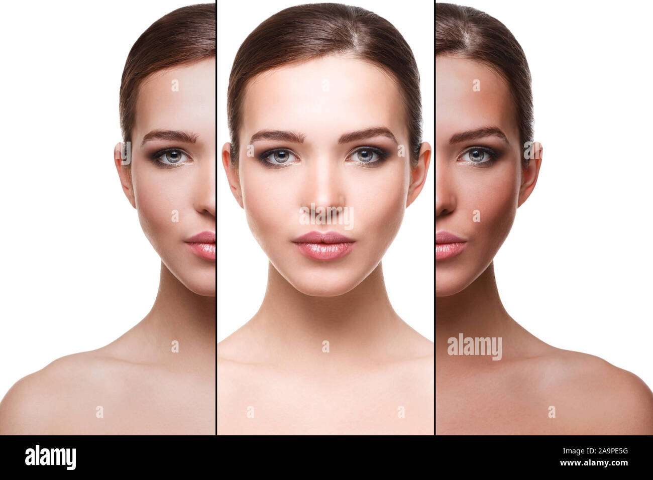 Comparison of suntan effect on white background Stock Photo - Alamy