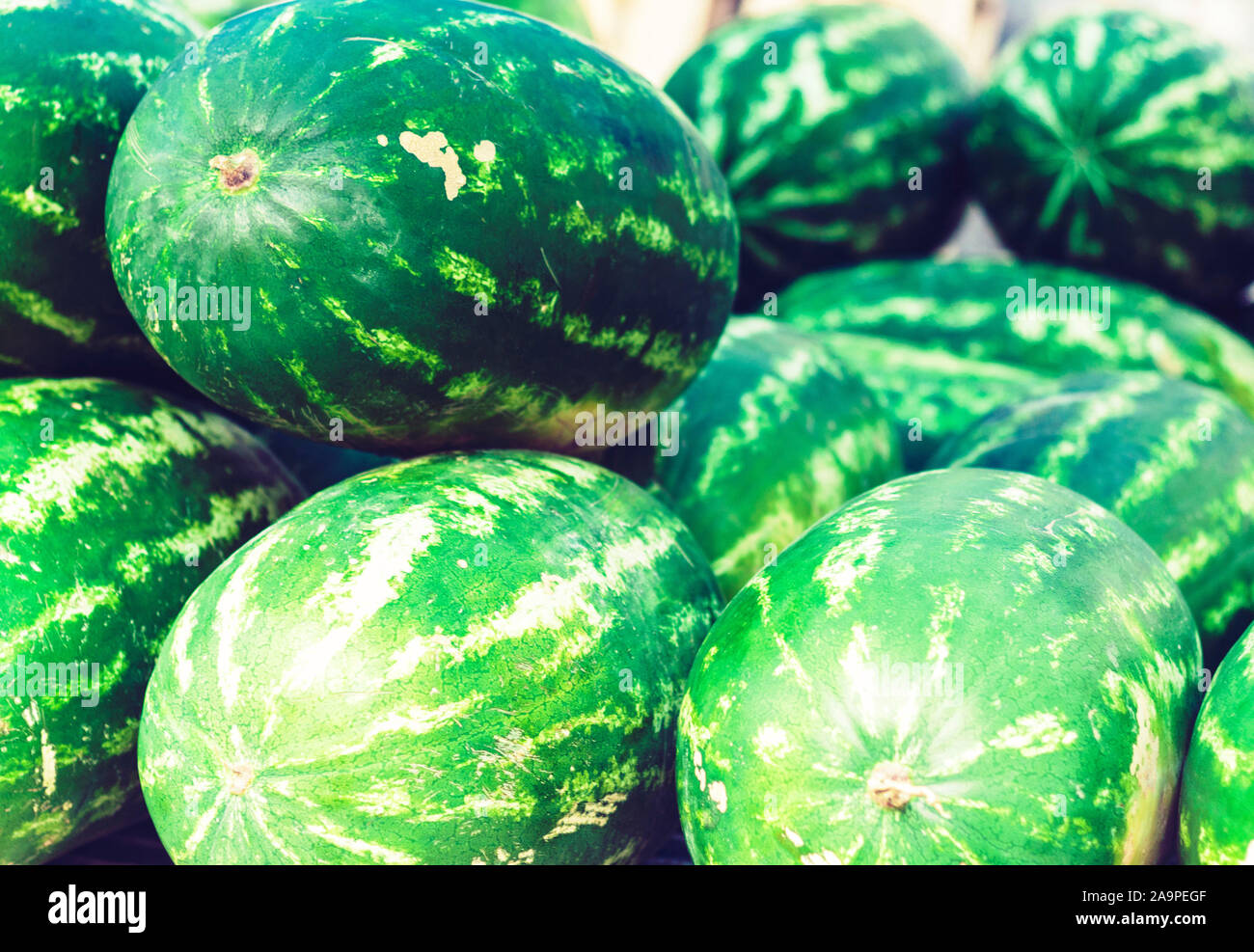various colorful fresh fruits watermelons in the fruit market, Catania ...