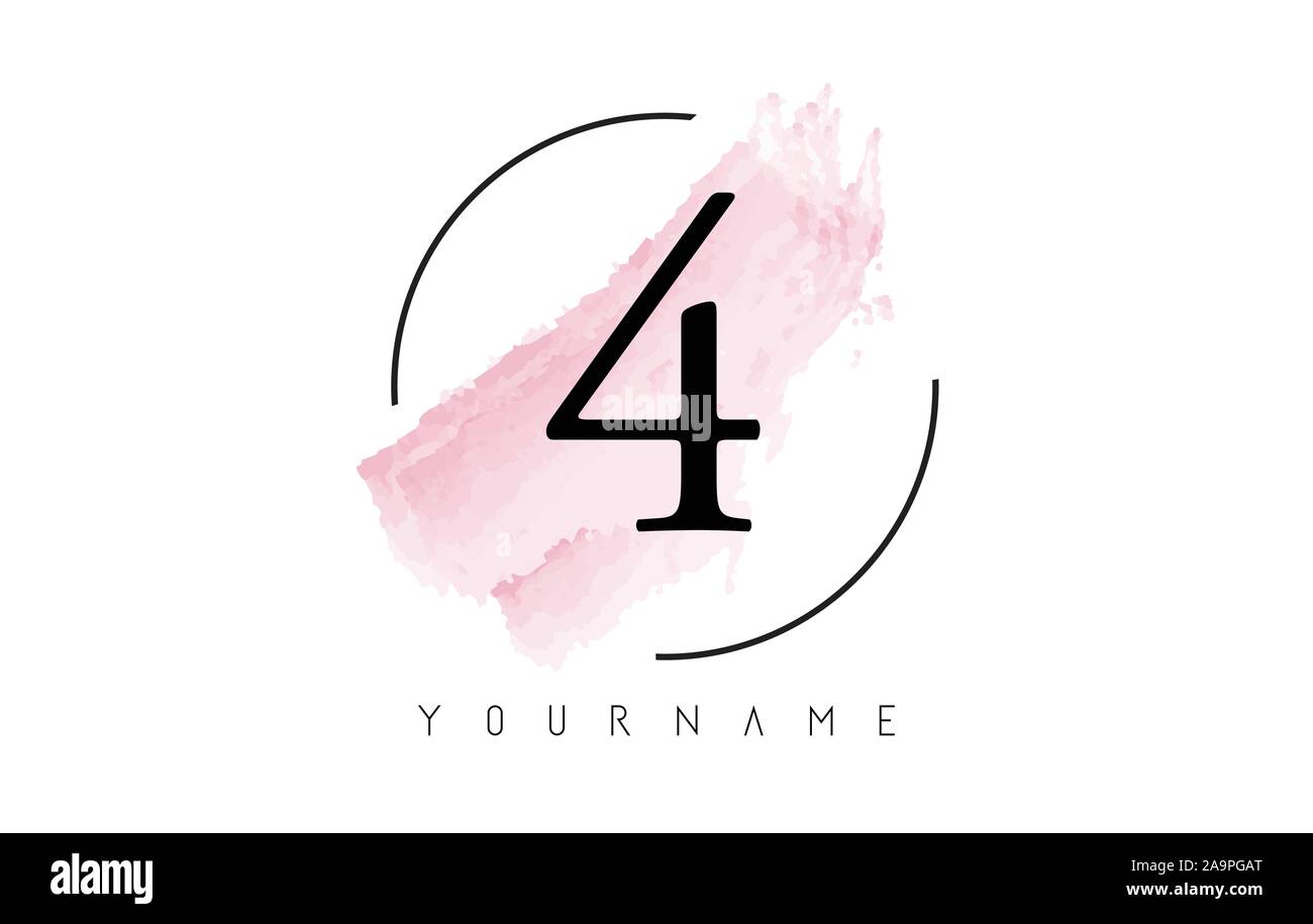 Number 4 Watercolor Stroke Logo with Circular Shape and Pastel Pink ...