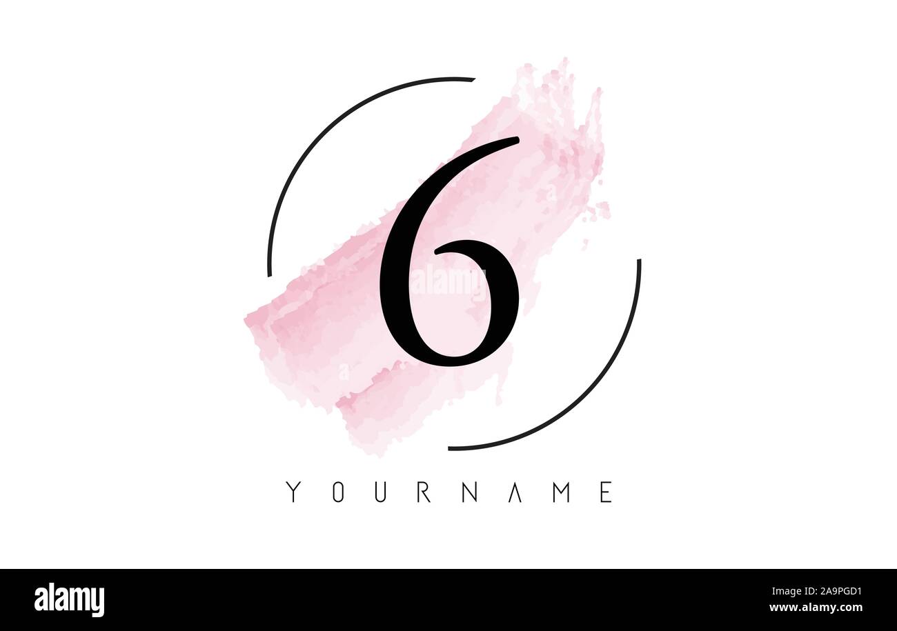 Number 6 Watercolor Stroke Logo with Circular Shape and Pastel Pink ...