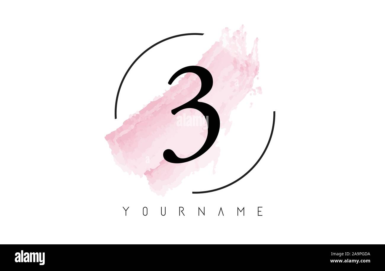 Number 3 Watercolor Stroke Logo with Circular Shape and Pastel Pink ...