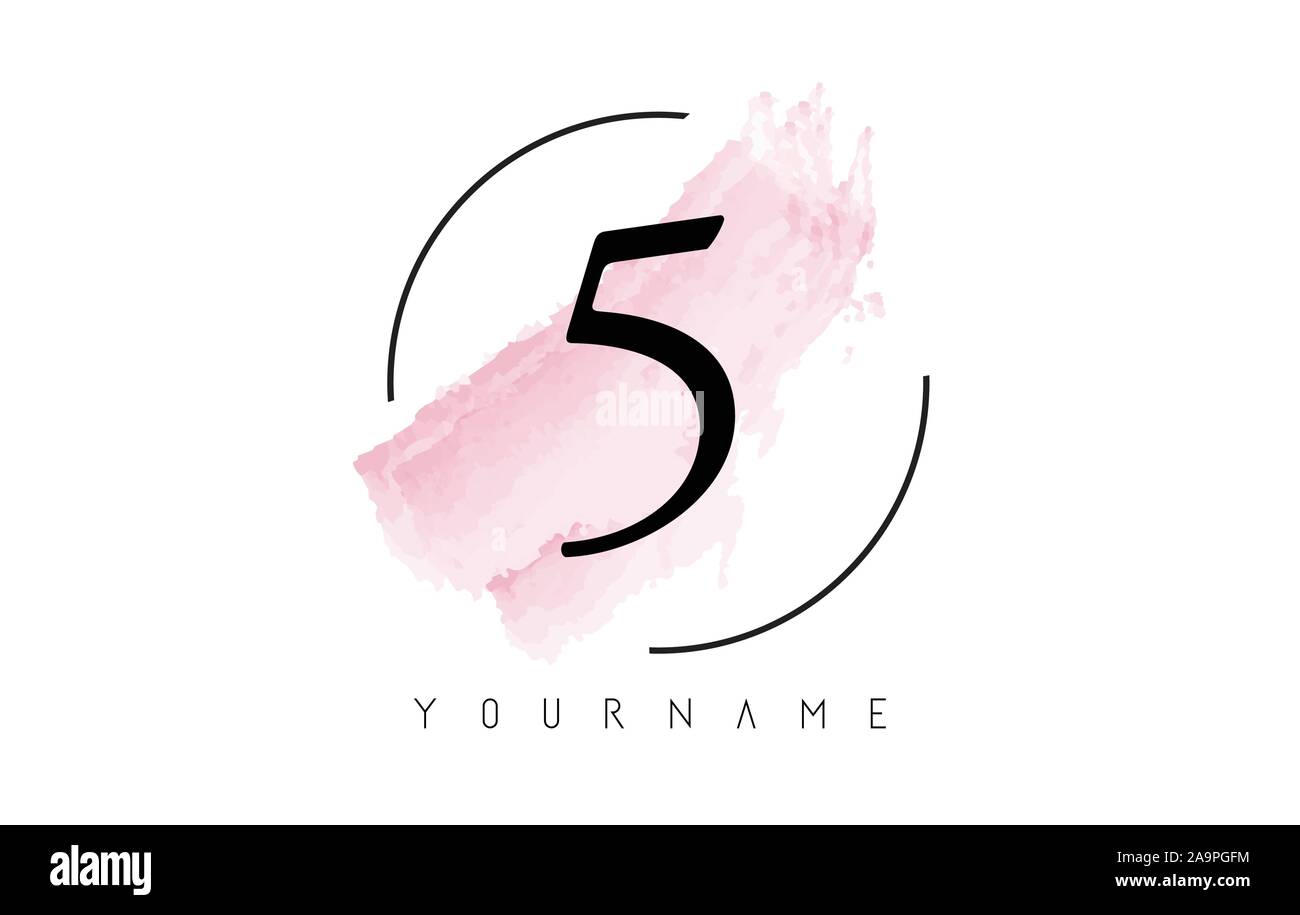Number 5 Watercolor Stroke Logo with Circular Shape and Pastel Pink ...