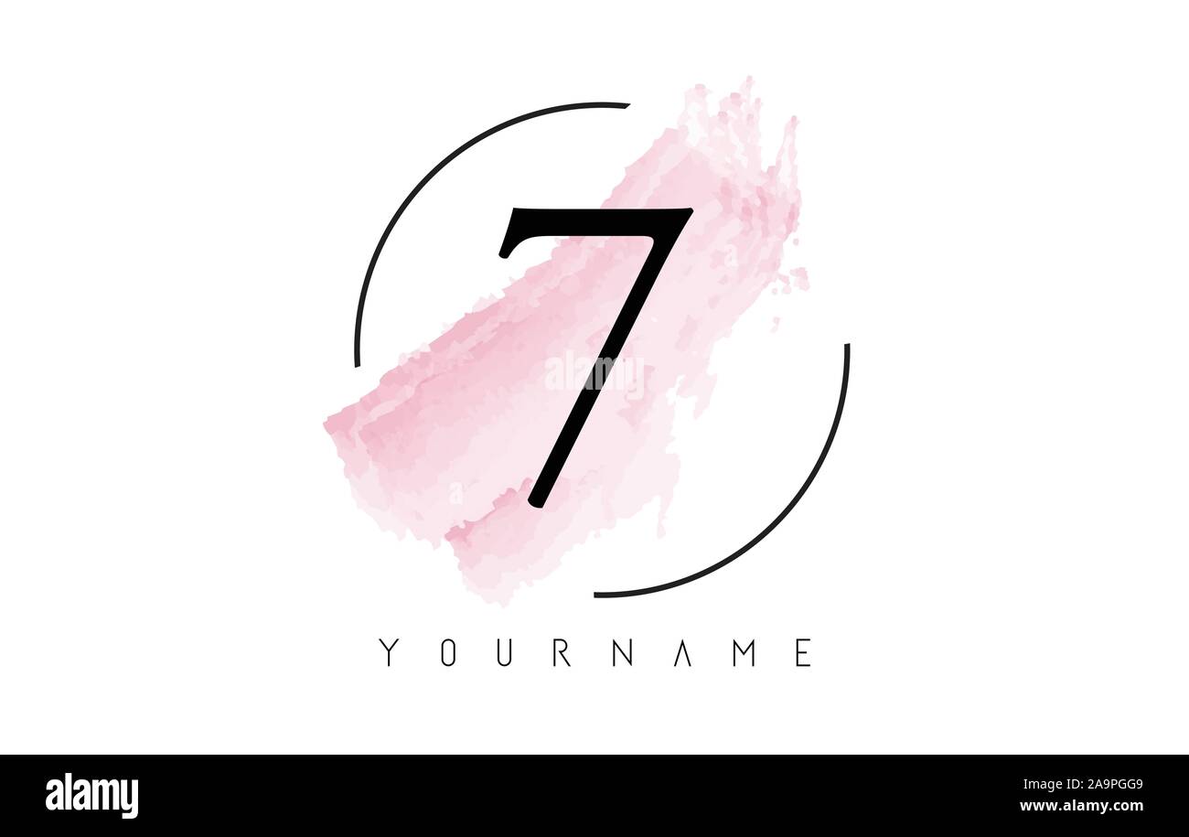 Number 7 Watercolor Stroke Logo with Circular Shape and Pastel Pink ...