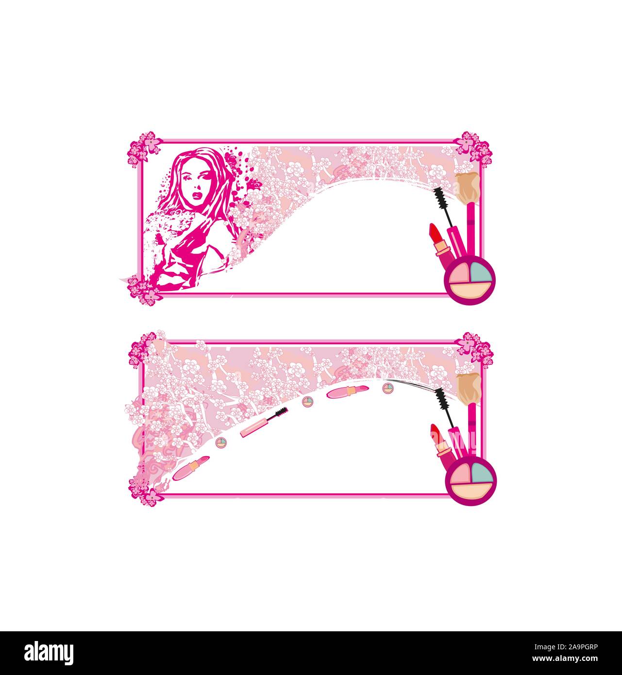 Banners with stylish beautiful woman and a set of makeup cosmetics ...