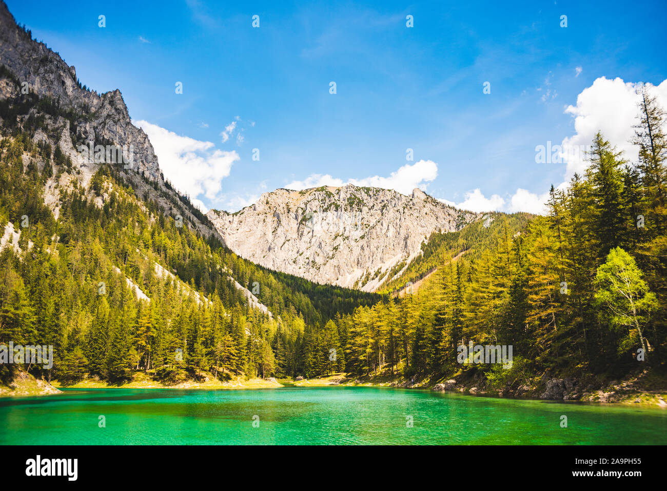 Gruner See, Austria Peaceful mountain view with famous green lake in ...