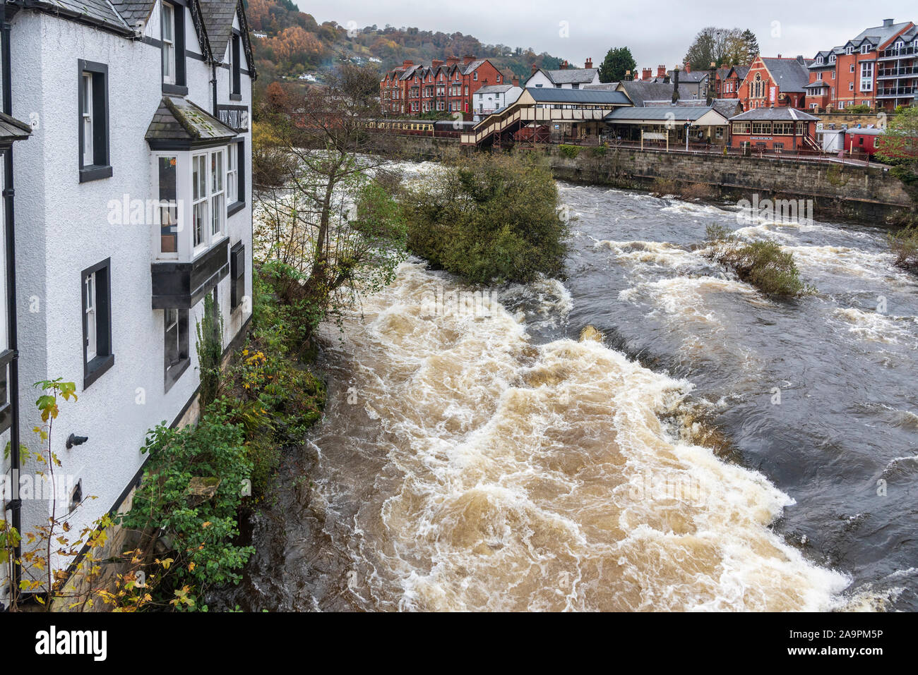 River Dee in flood or spate at Llangollen due to heavy rainfall Stock ...