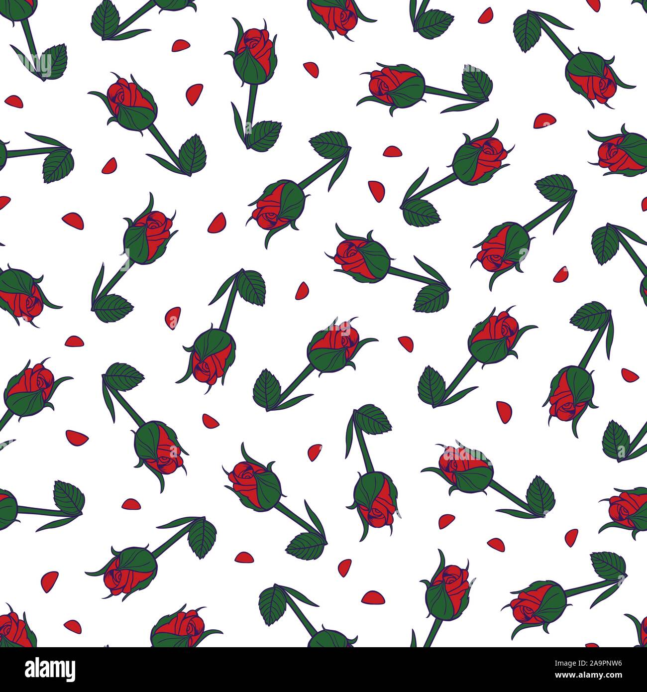Vector red single rose stalk againts white background seamless pattern ...