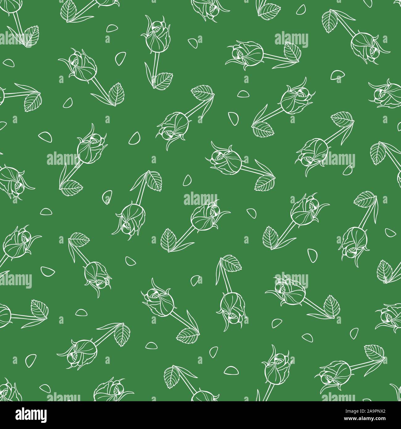 Vector green monochrome single rose stalk outline seamless pattern ...