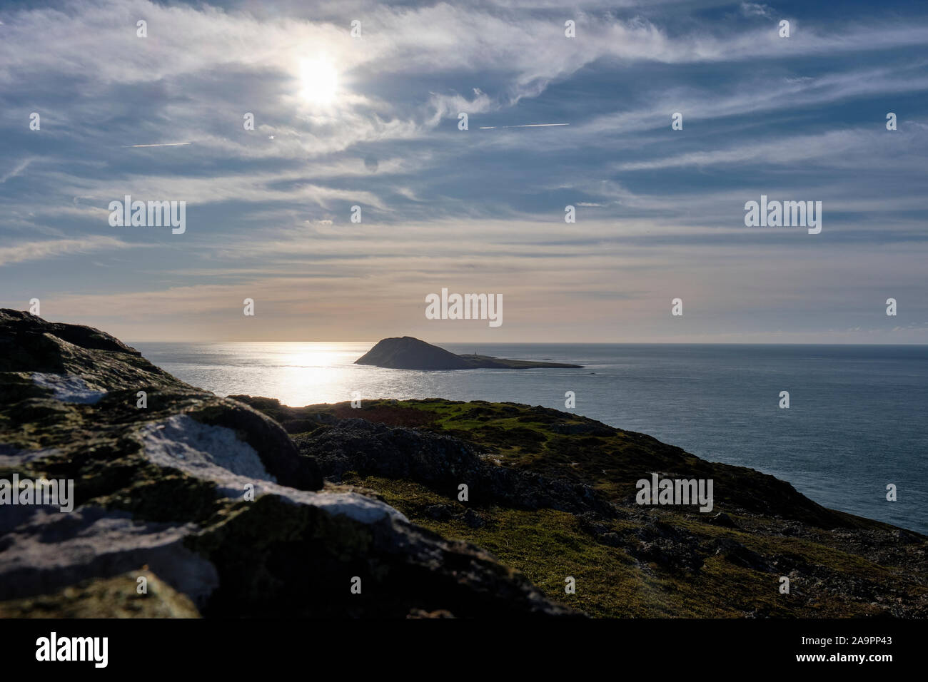 Bardsey Island, seen from Mynydd Mawr, near Aberdaron, Gwynedd, Wales ...