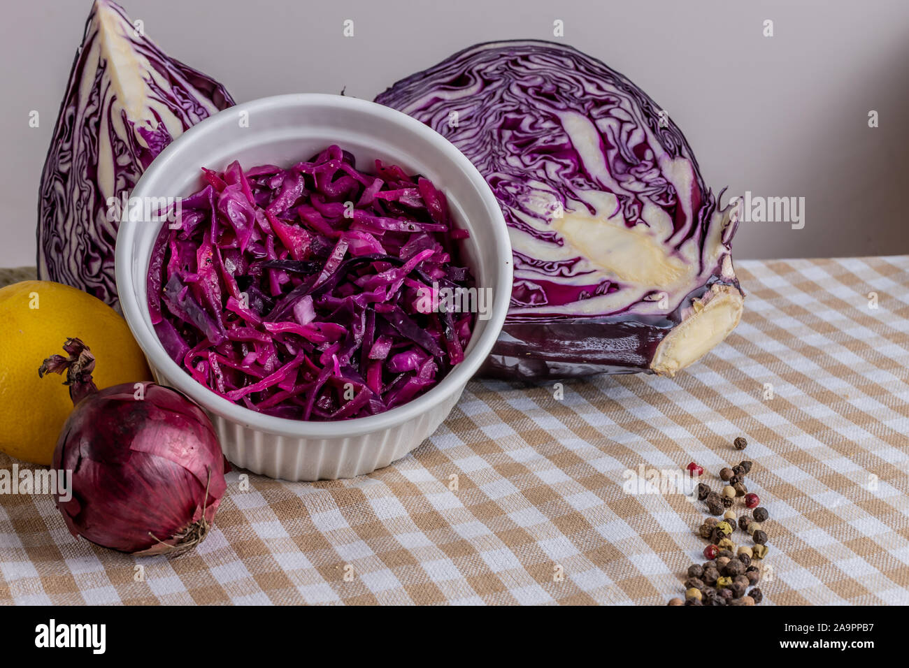 Red cabbage salad. Red vegetables. Cabbage head. Healthy meals. Salad ...