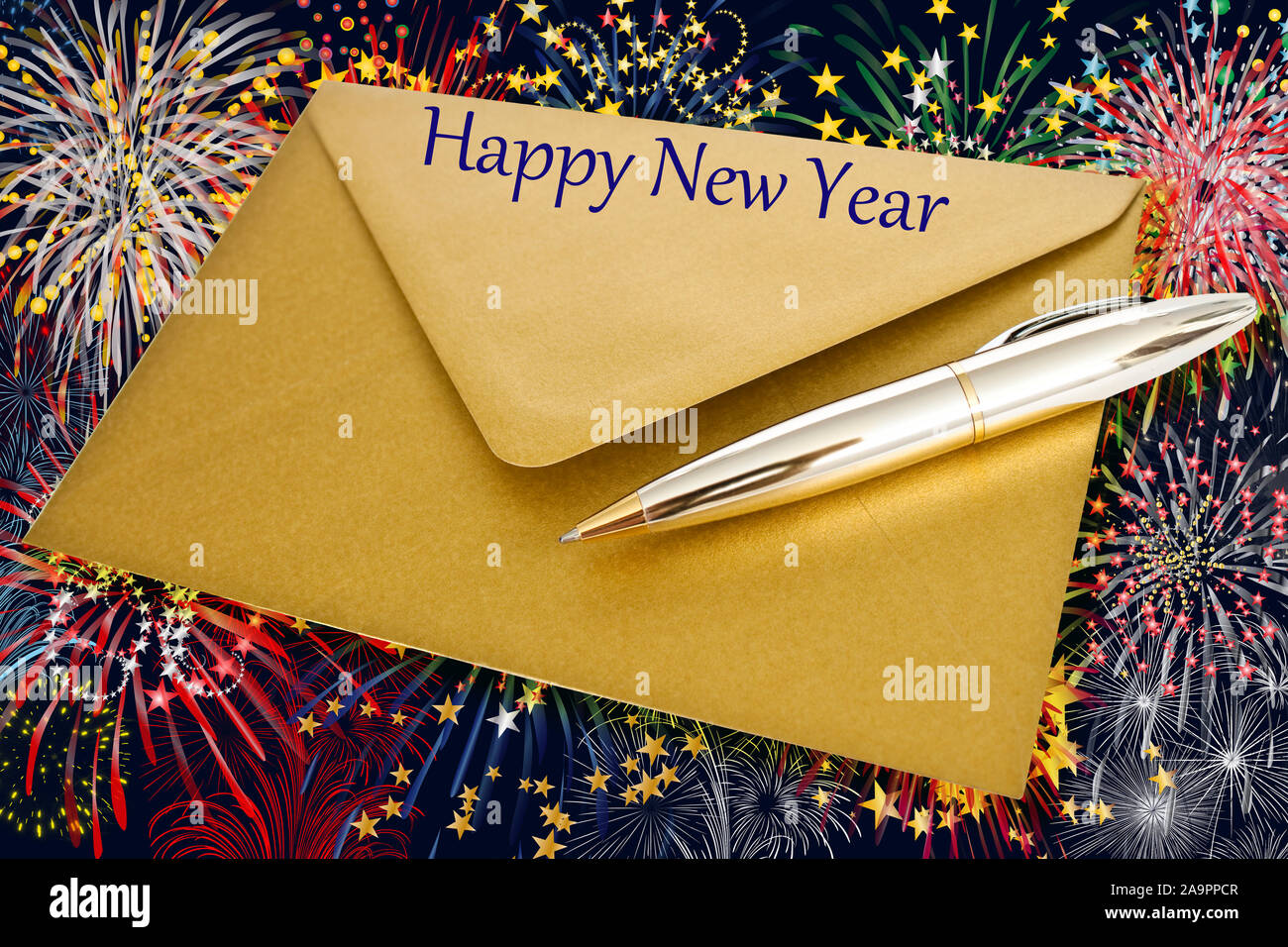 New Year's Eve envelope gold with on fireworks Stock Photo - Alamy
