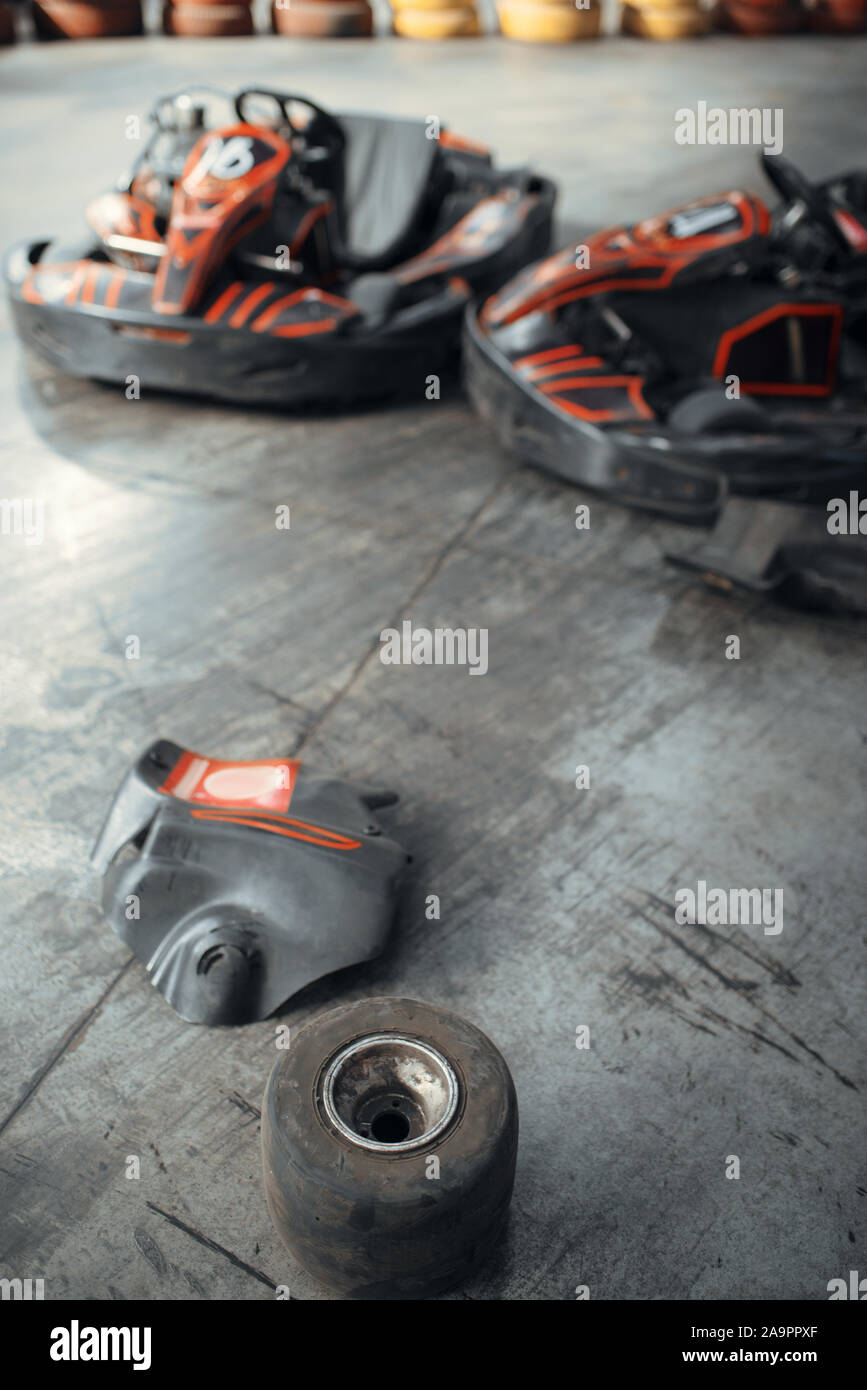 Go kart cars and damaged tires, crash, karting Stock Photo - Alamy