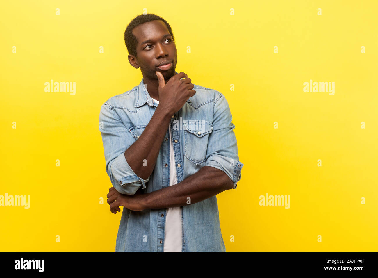 Thinking over decision. Portrait of pensive smart handsome man in denim ...