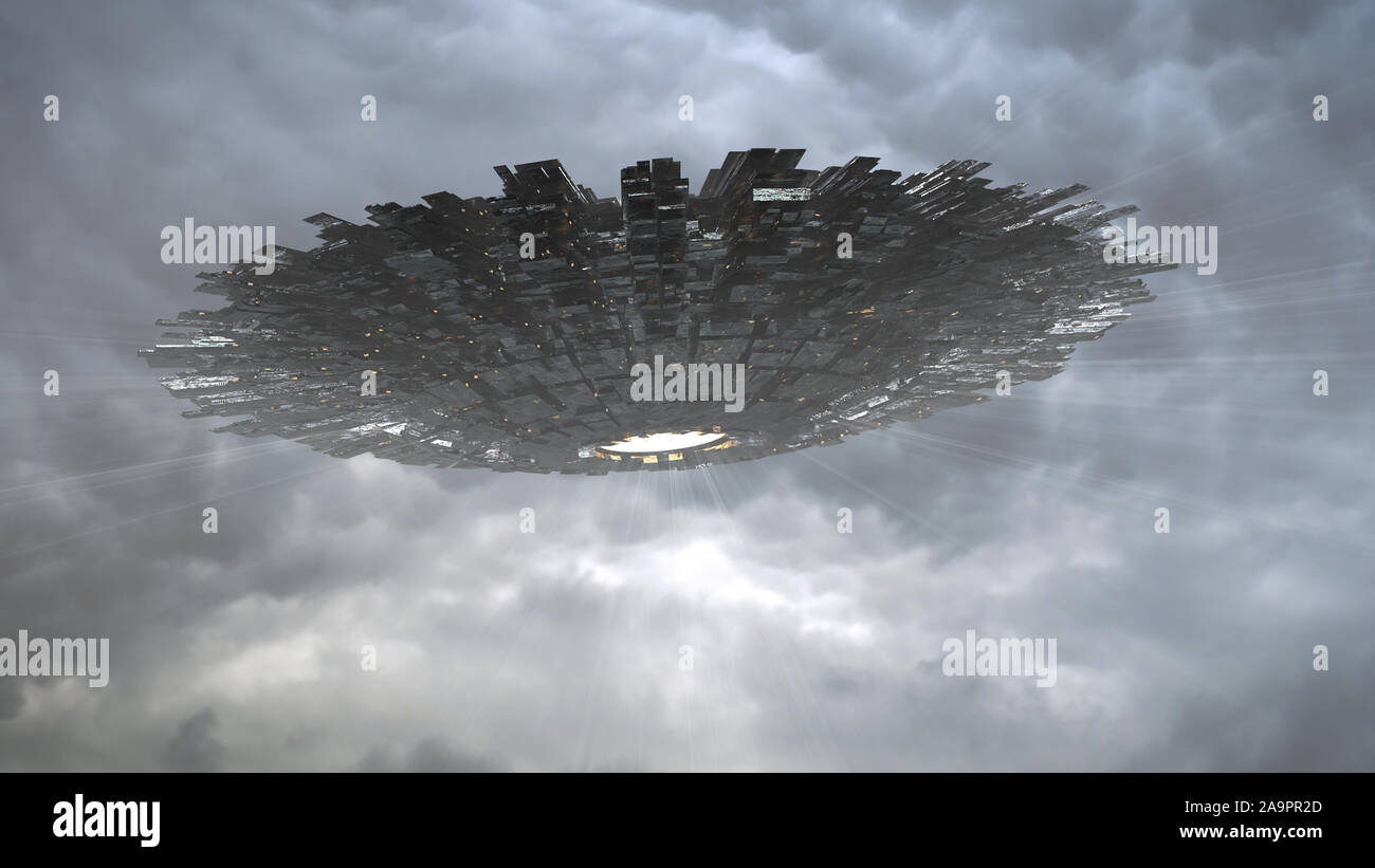UFO, alien spaceship flying through the clouds Stock Photo - Alamy