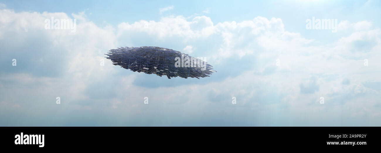 UFO, alien spaceship flying through the clouds Stock Photo - Alamy