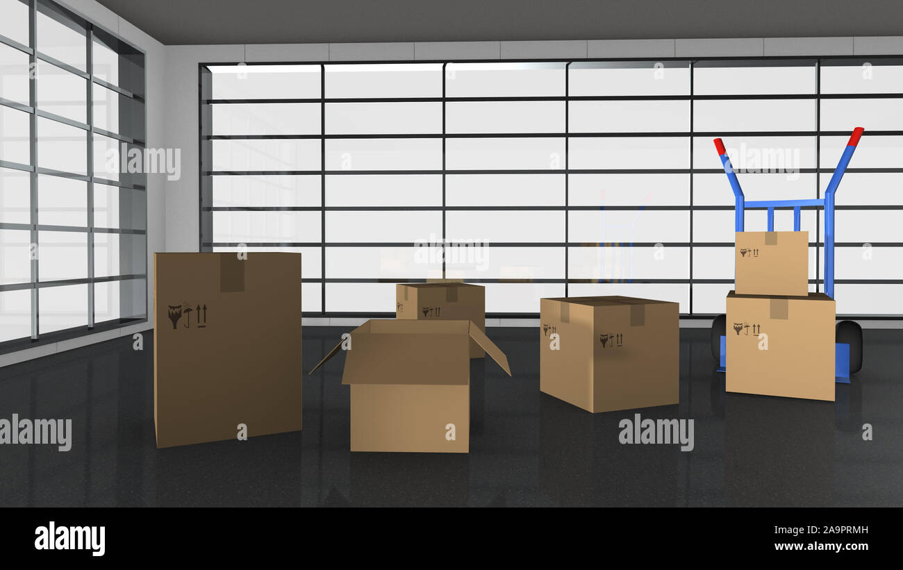 3D illustration sack truck and cartons in a warehouse Stock Photo - Alamy