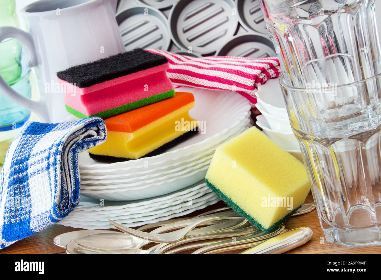 Kitchenware Dishwashing Crockery and cutlery as a background Stock ...