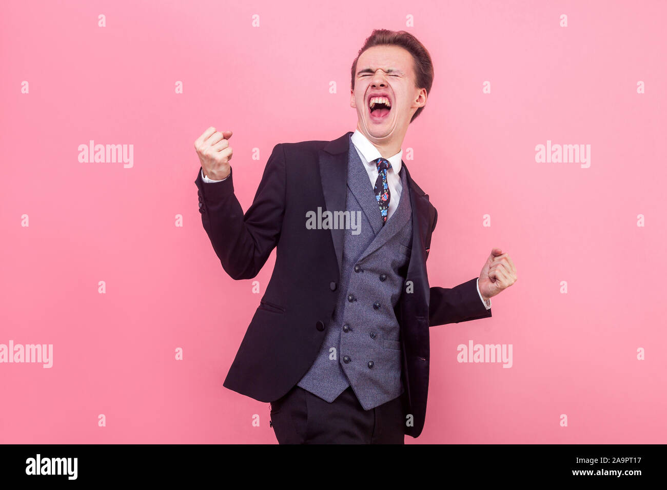 Yes victory! Portrait of crazy enthusiastic extremely happy businessman ...