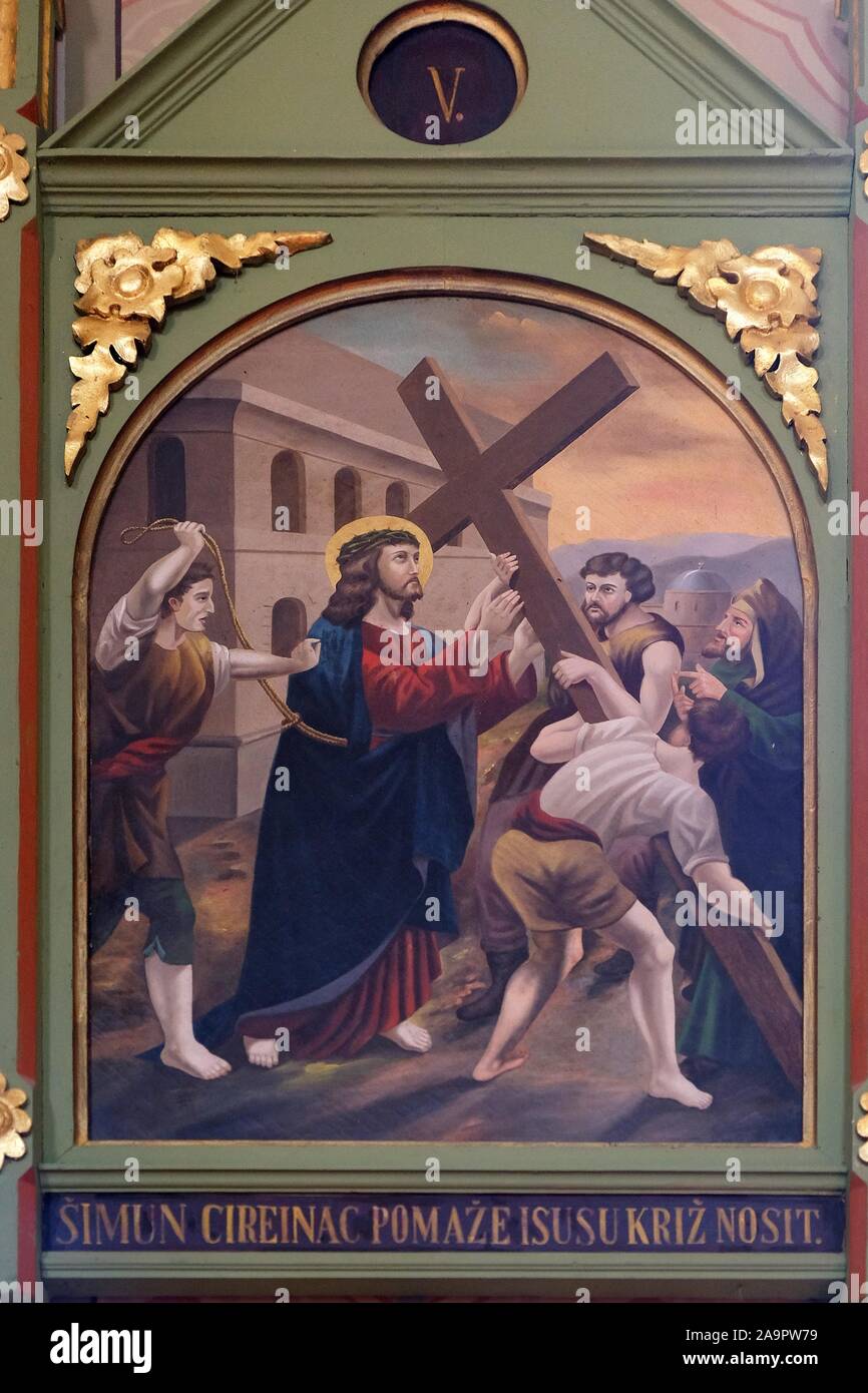 5th Stations of the Cross, Simon of Cyrene carries, church of Saint Matthew in Stitar, Croatia ...