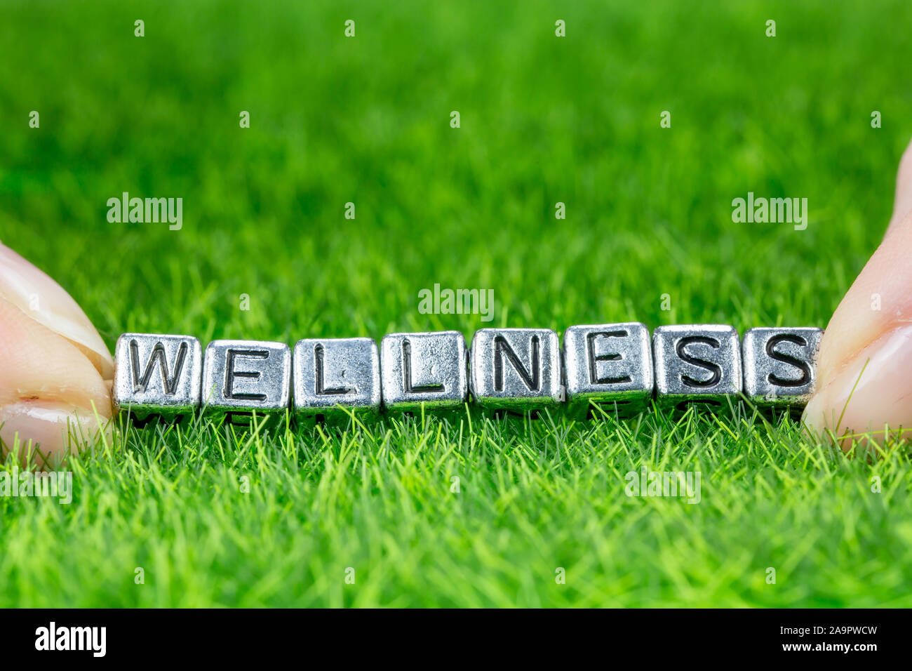 Close up on word WELLNESS written in metal letters laid on grass and ...
