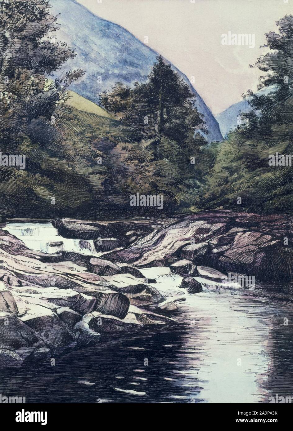 PAISAJE GRABADO COLOREADO Stock Photo - Alamy