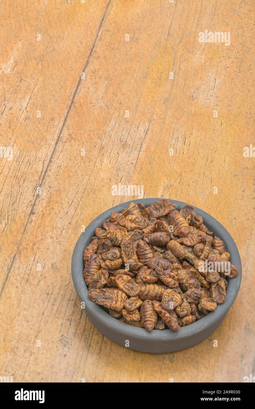 Dishes of edible insects. Silkworm pupae / Bombyx mori on faux wood ...