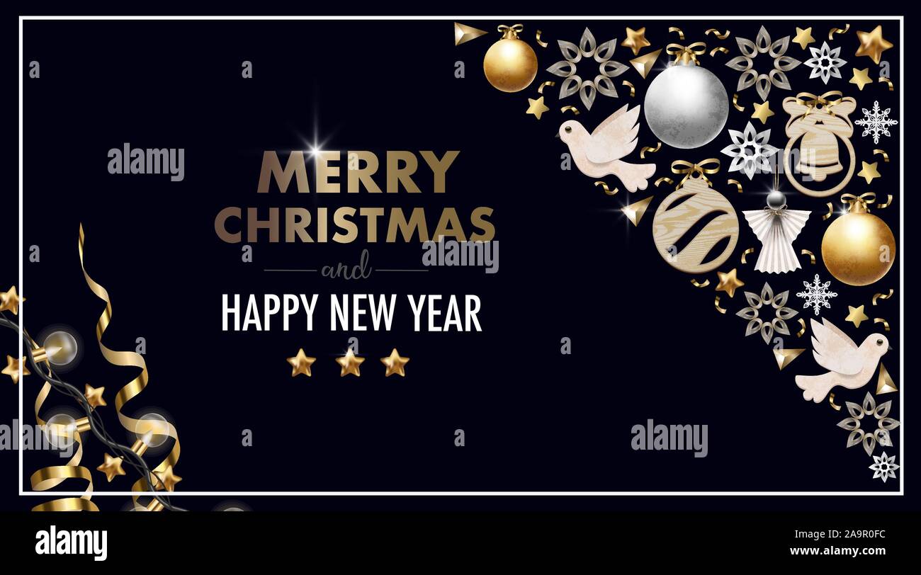 Christmas banner or postcard with pines, angels and wood decor. Vector ...
