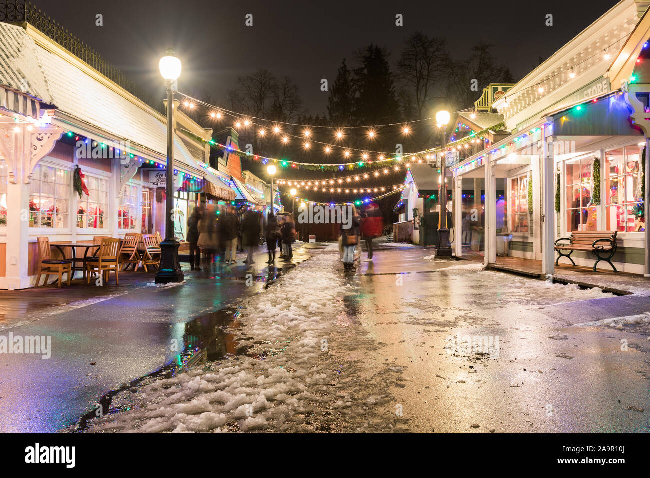 Christmas decorated street in historic part of town at night Stock ...