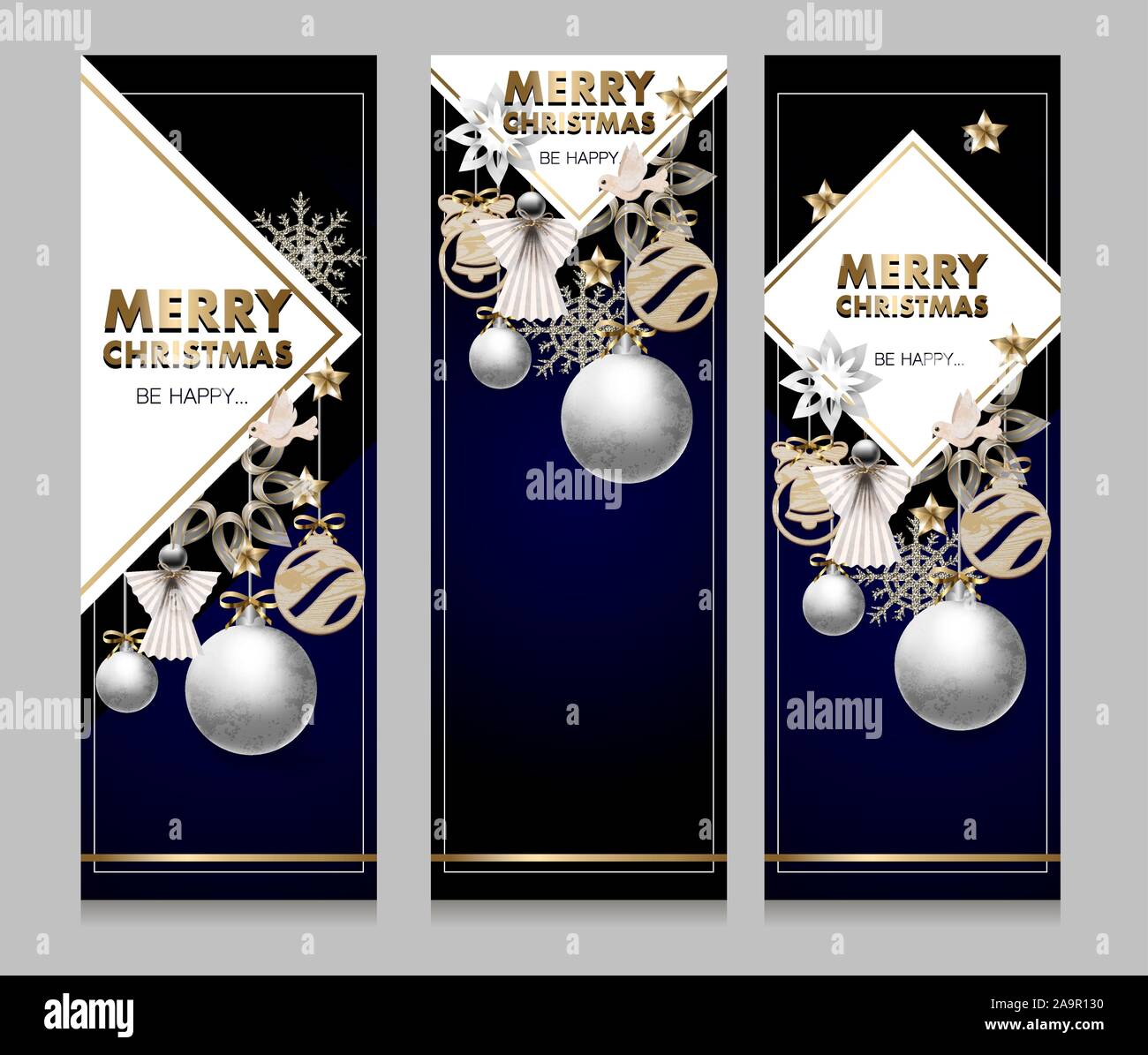 Christmas banner or postcard with pines, angels and wood decor. Vector ...