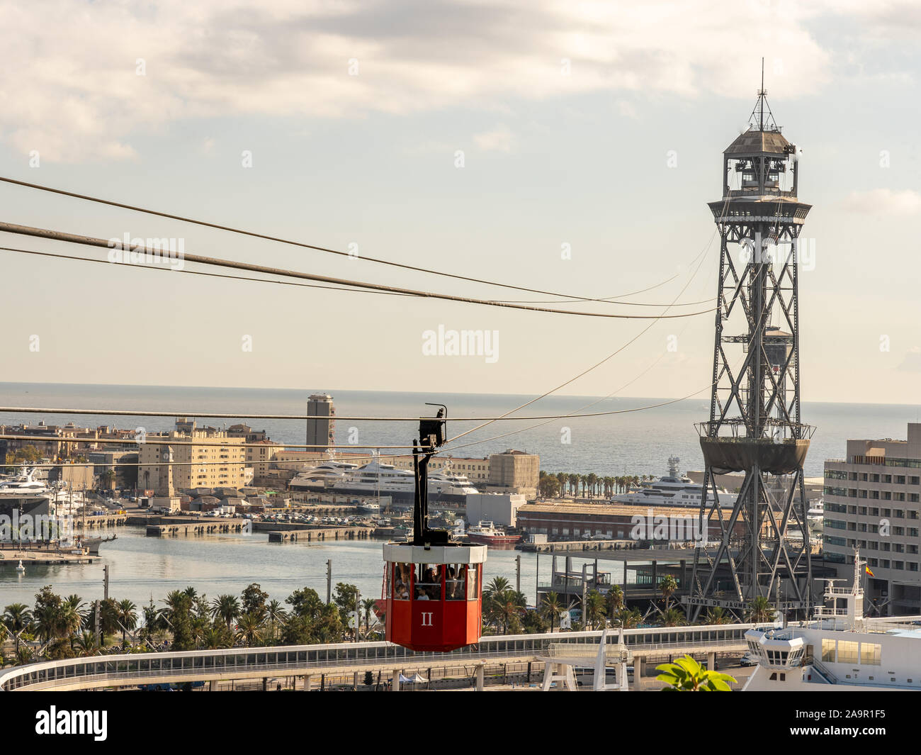 historic cable car, towers, harbor and city panorama of Barcelona ...
