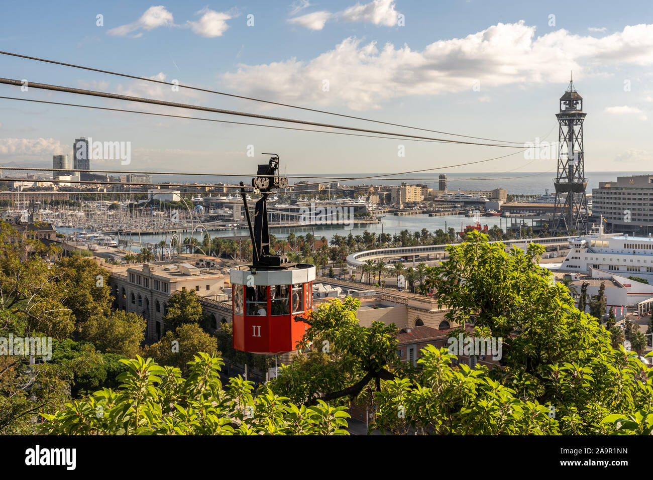 view on historic red cable car cabin and steel tower at the harbor of ...
