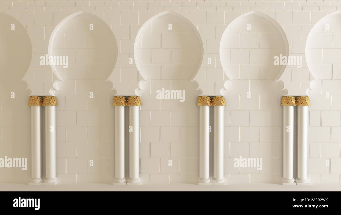 Architectural background with white columns, brick arch in Arabic style ...