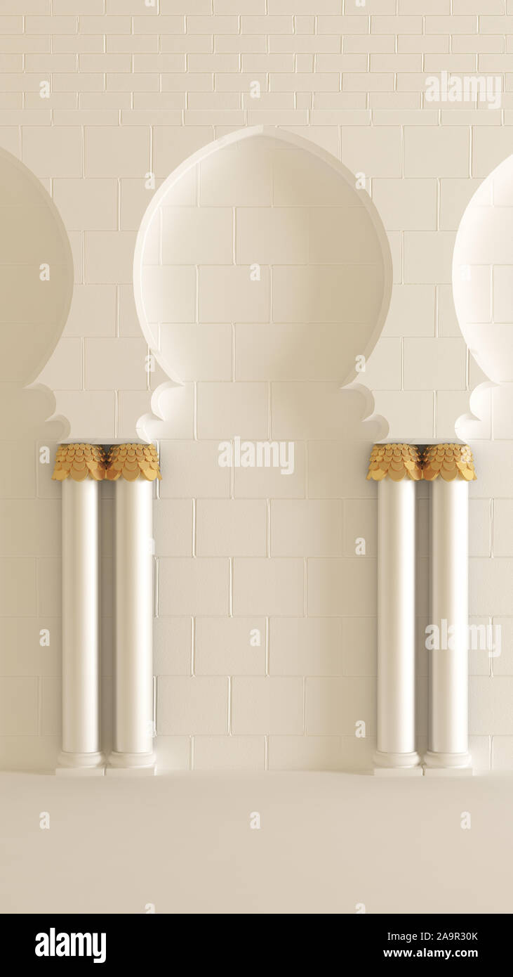 Architectural background with white columns, brick arch in Arabic style ...