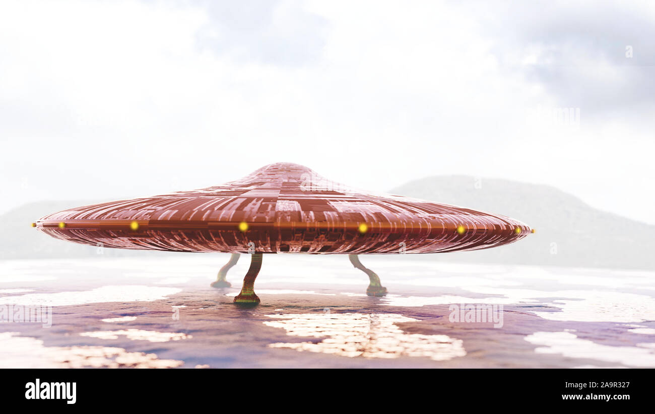 UFO on the colourful surface of an alien planet, science fiction scene ...