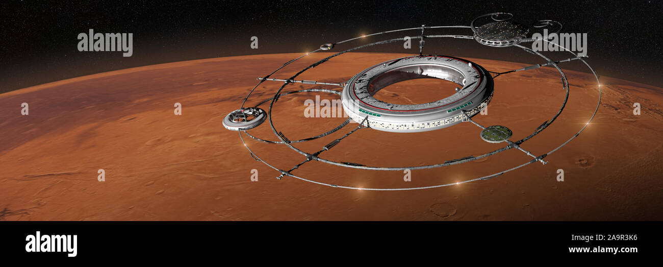 space station with spaceship in orbit of planet Mars Stock Photo - Alamy
