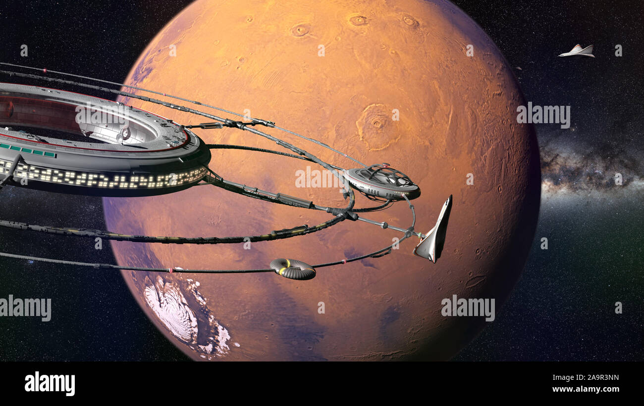 space station with spaceships in orbit of planet Mars Stock Photo - Alamy