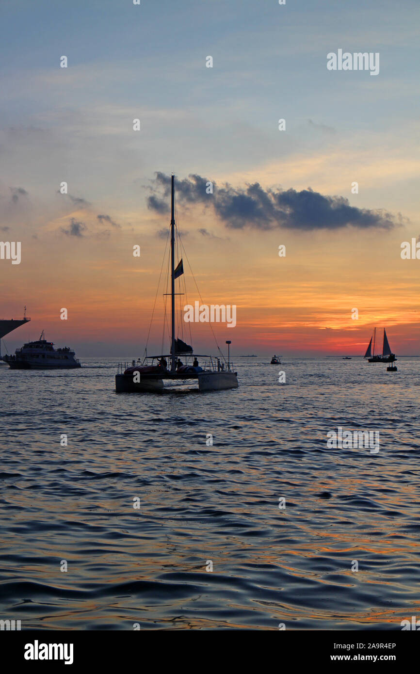 Catamaran sailing at sunset in Key West Florida viewed from Mallory ...