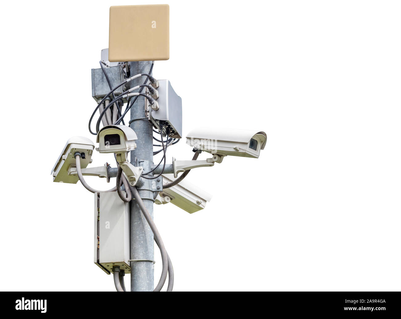 Many CCTV camera fixed on a pole, isolated on white background Stock ...