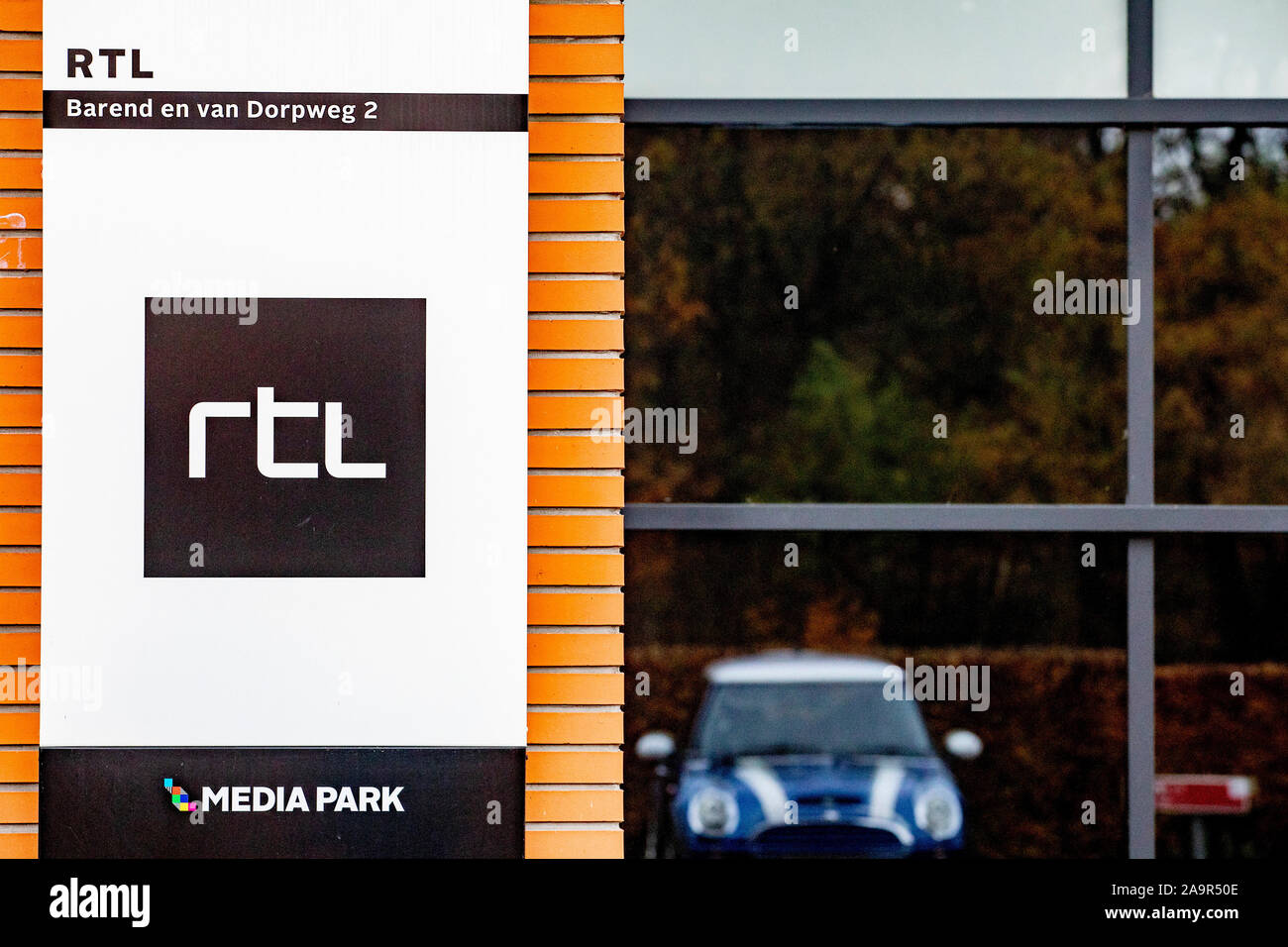 HILVERSUM, Mediapark, 17-11-2019, Logo and exterior of RTL Nederland. RTL Nederland is a ...