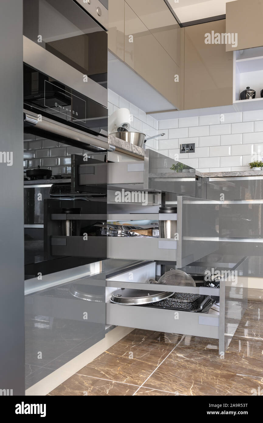 Luxury modern white, beige and grey kitchen interior Stock Photo - Alamy