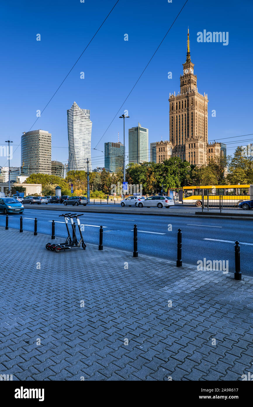 City of Warsaw, capital of Poland downtown skyline from the sidewalk of ...